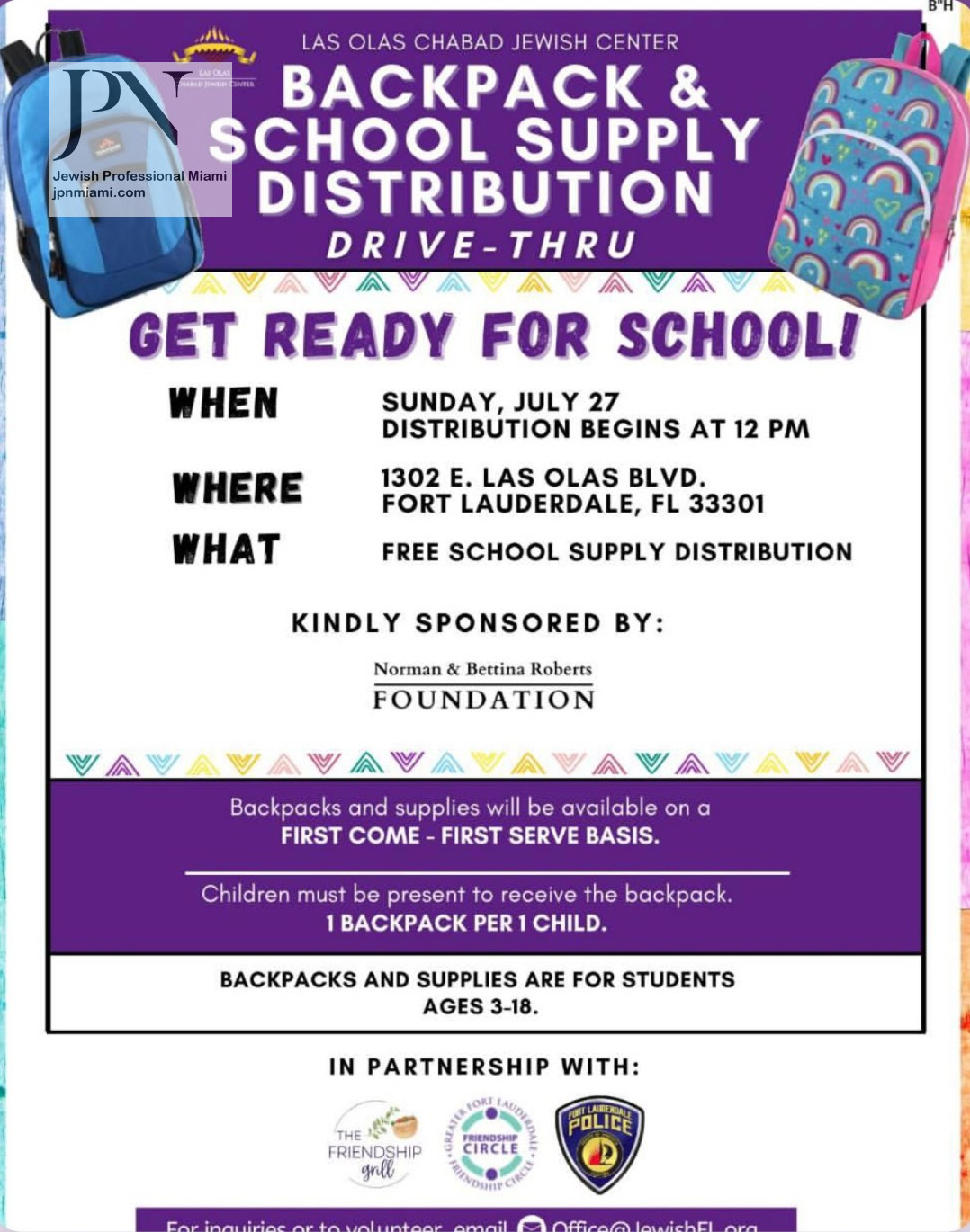 Las Olas Chabad Jewish Center: Backpack & School Supply Distribution ...